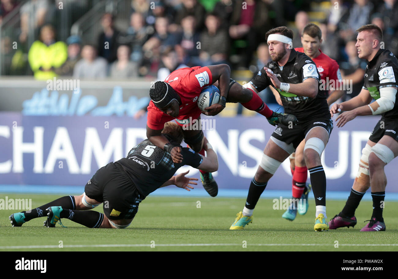 Glasgow Warriors' Jonny Gray (left) and Ryan Wilson vie with Saracens ...