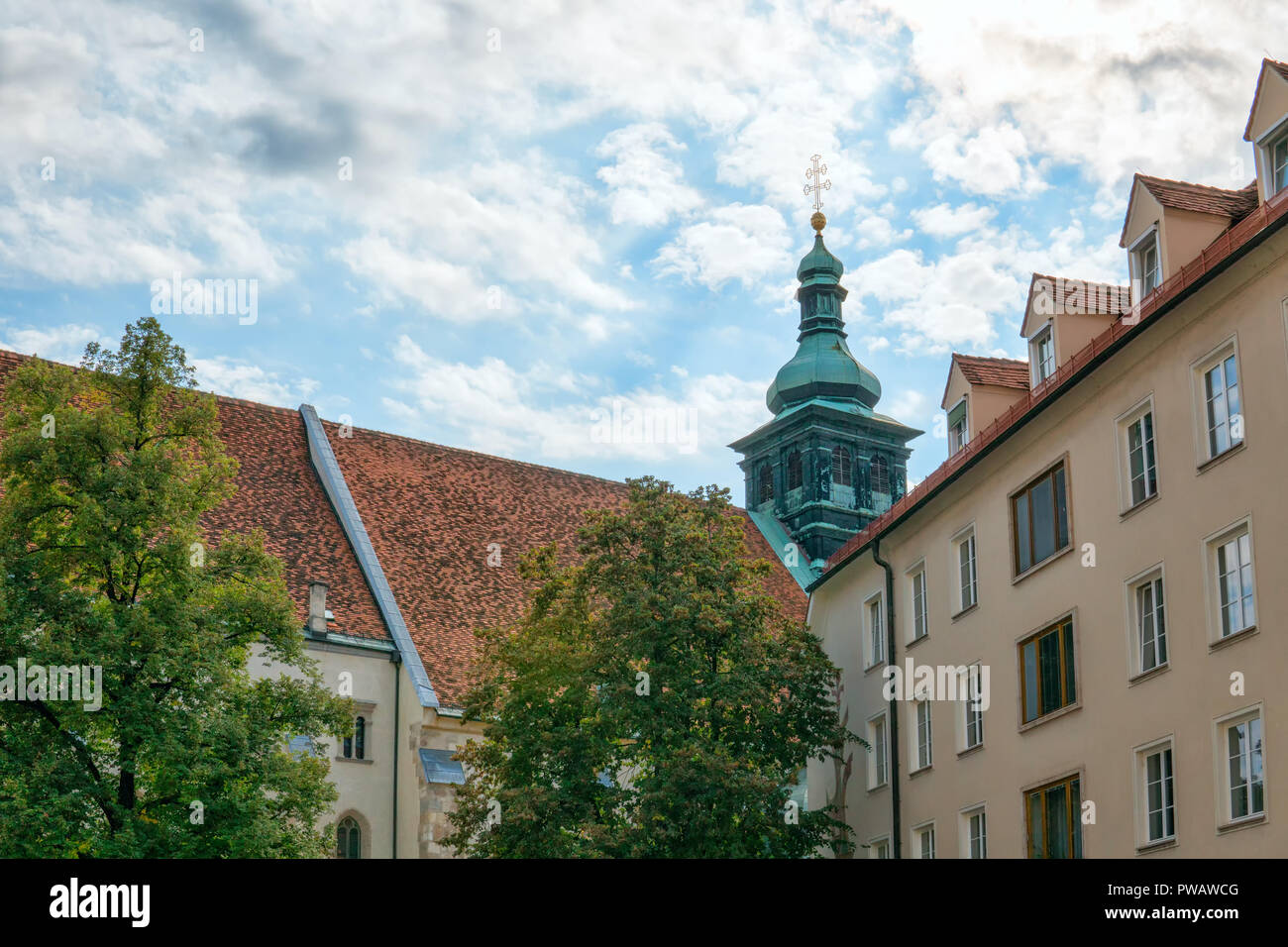 Graz. Austria. View of the Church of St. Catherine and the Church tower ...