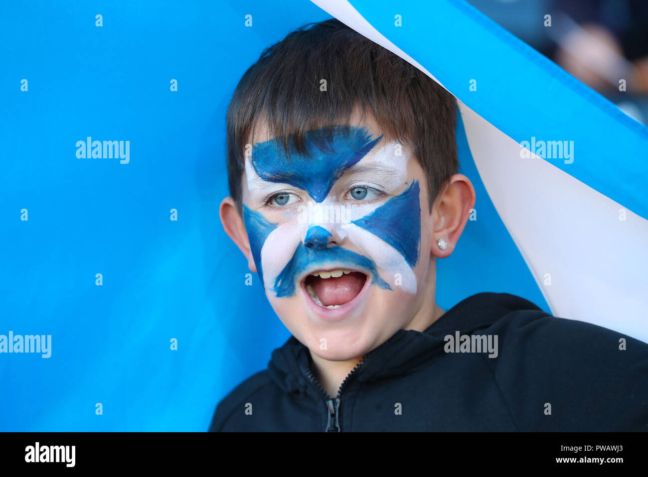 Scotland fan Aiden Ferguson, aged 8, from Airdrie shows his support ...