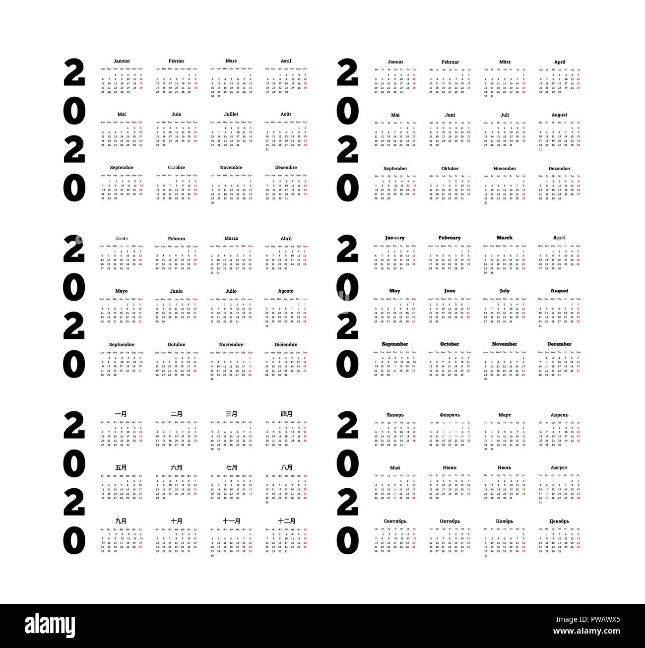 Set of 2020 year simple calendars on different languages like english ...