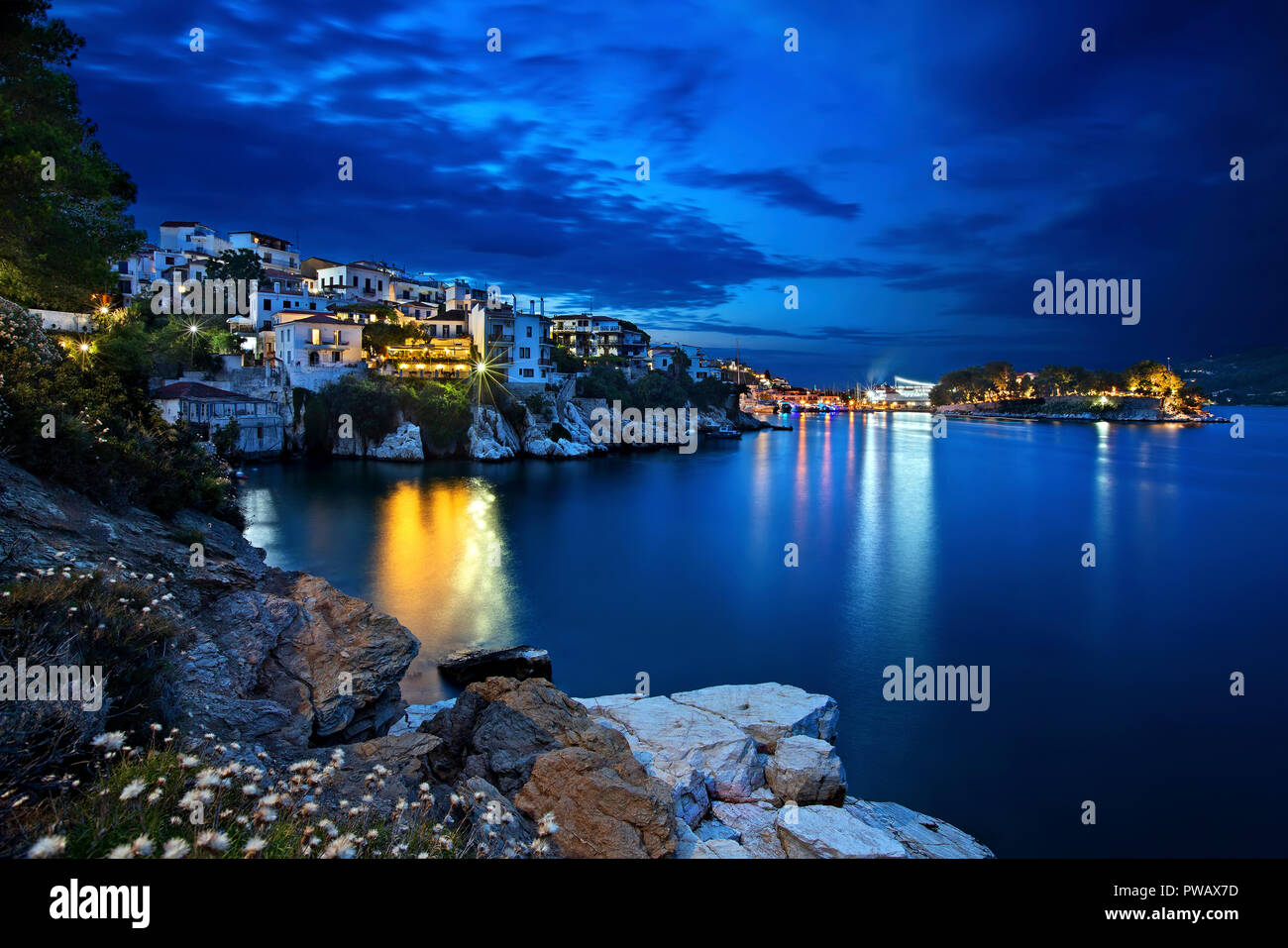 Night view of Plakes, the oldest neighborhood of Skiathos town ...