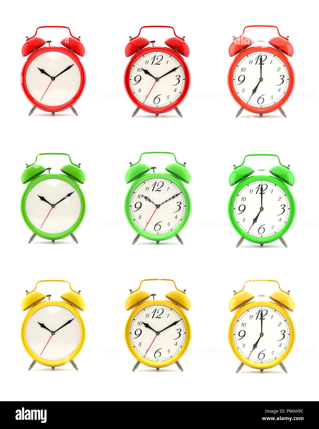 Set of nine vintage alarm clocks in green, red and yellow, with and ...