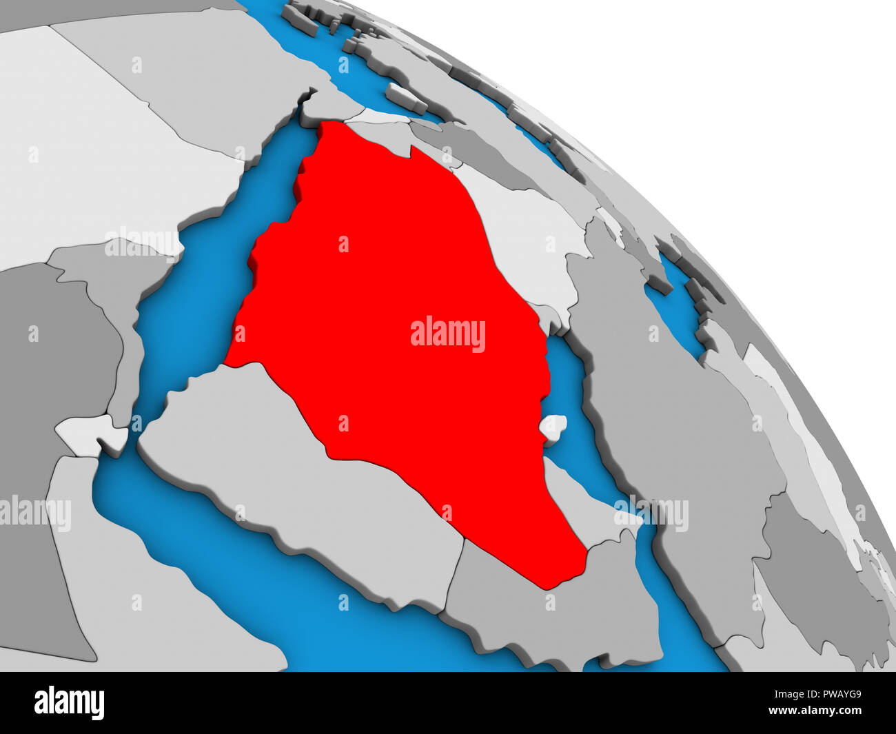 Saudi Arabia on simple blue political 3D globe. 3D illustration Stock ...