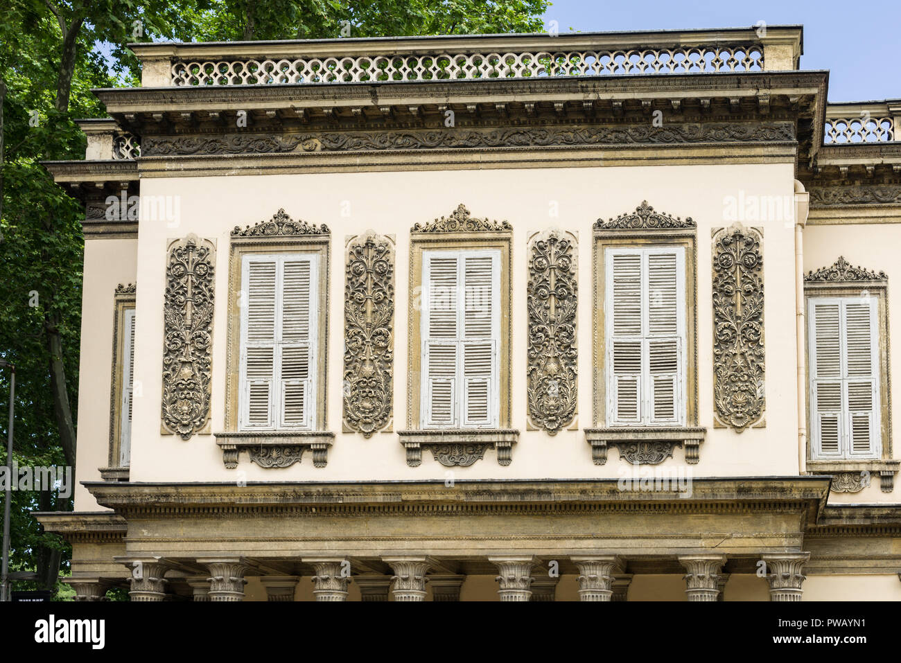 Exterior slatted windows of a section of Dolmabahçe Palace showing the ...