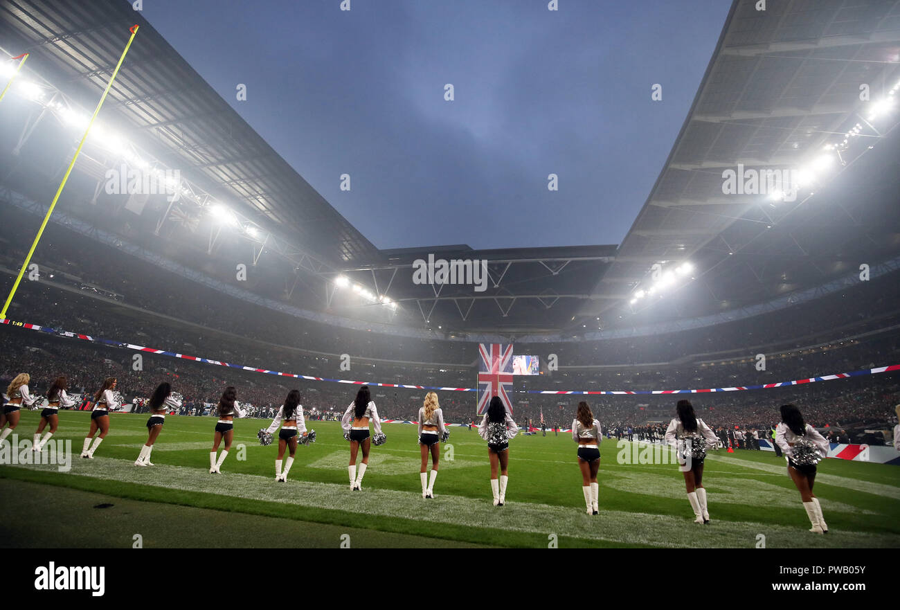 General view of the stadium as cheerleaders perform prior to kick-off ...