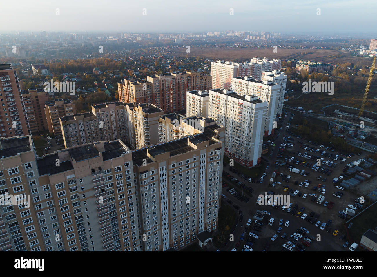 Aerial view of urban real estate and parking area. Beautiful landscape ...