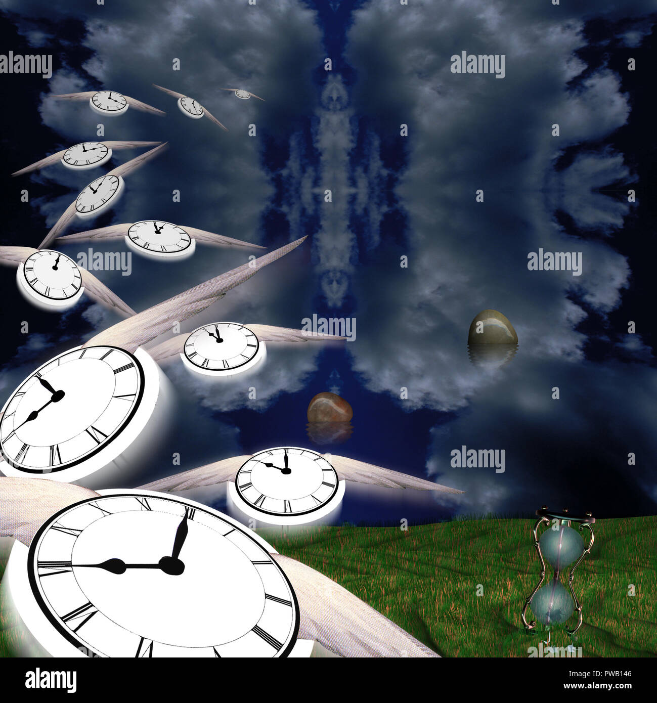 Symbolic composition. Hourglass and floating stones. Winged clocks ...