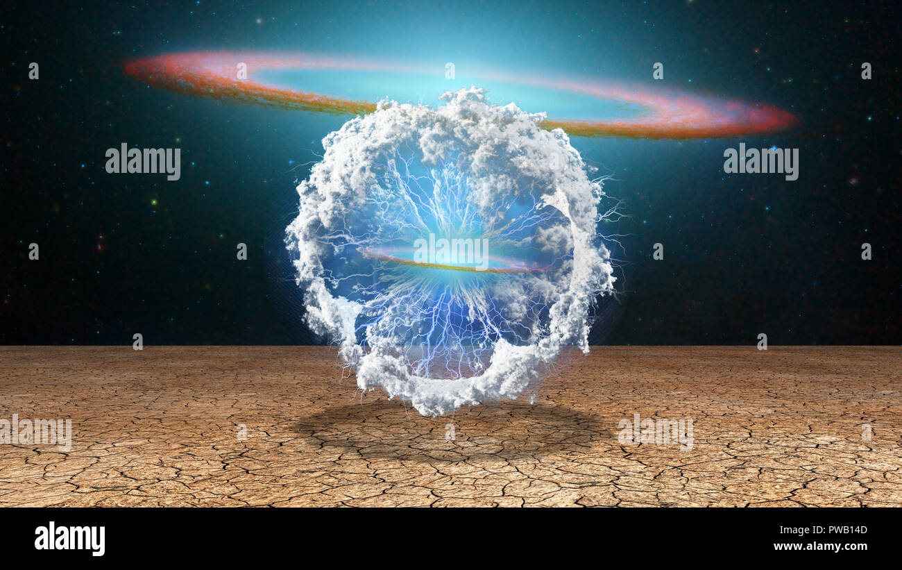 Splash of clouds and lightnings - Moment of Creation. Galaxy disk on a ...