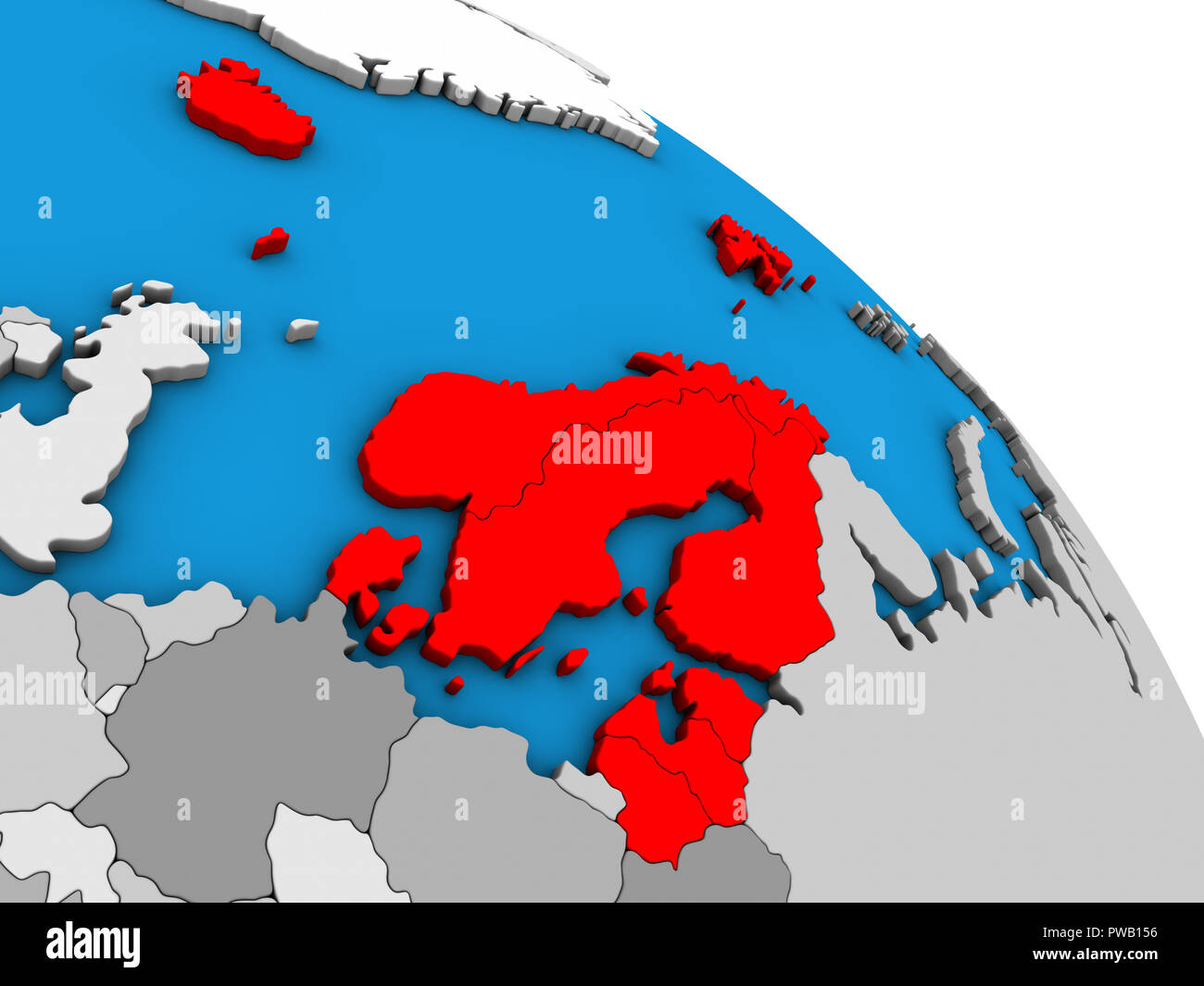 Northern Europe on simple blue political 3D globe. 3D illustration ...