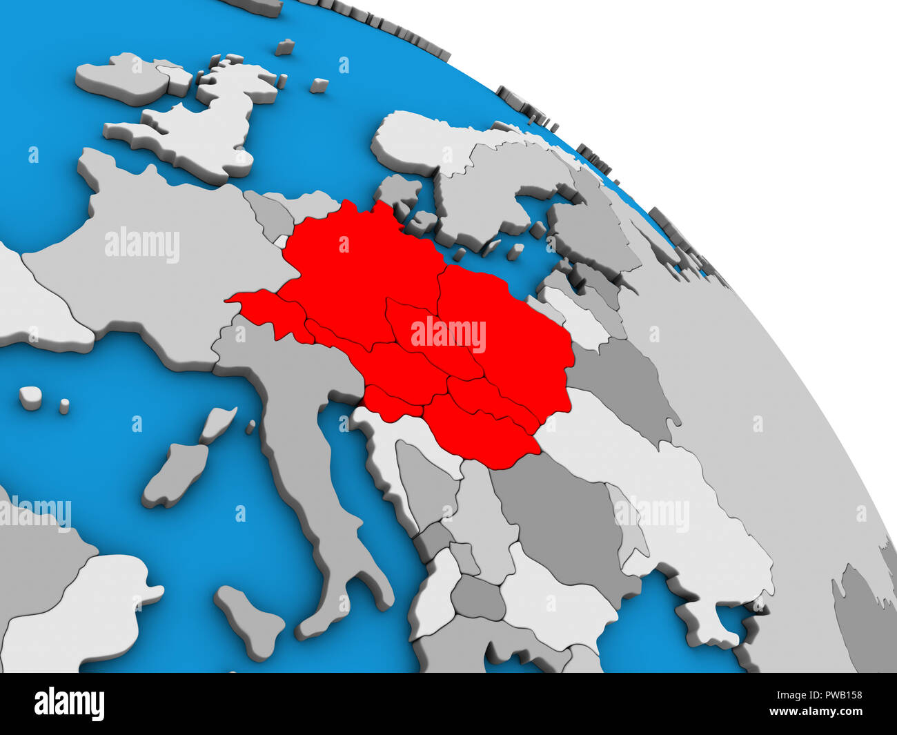 Central Europe on simple blue political 3D globe. 3D illustration Stock ...