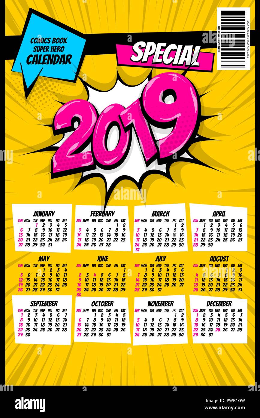 2019 retro super hero calendar pop art Stock Vector Image & Art - Alamy