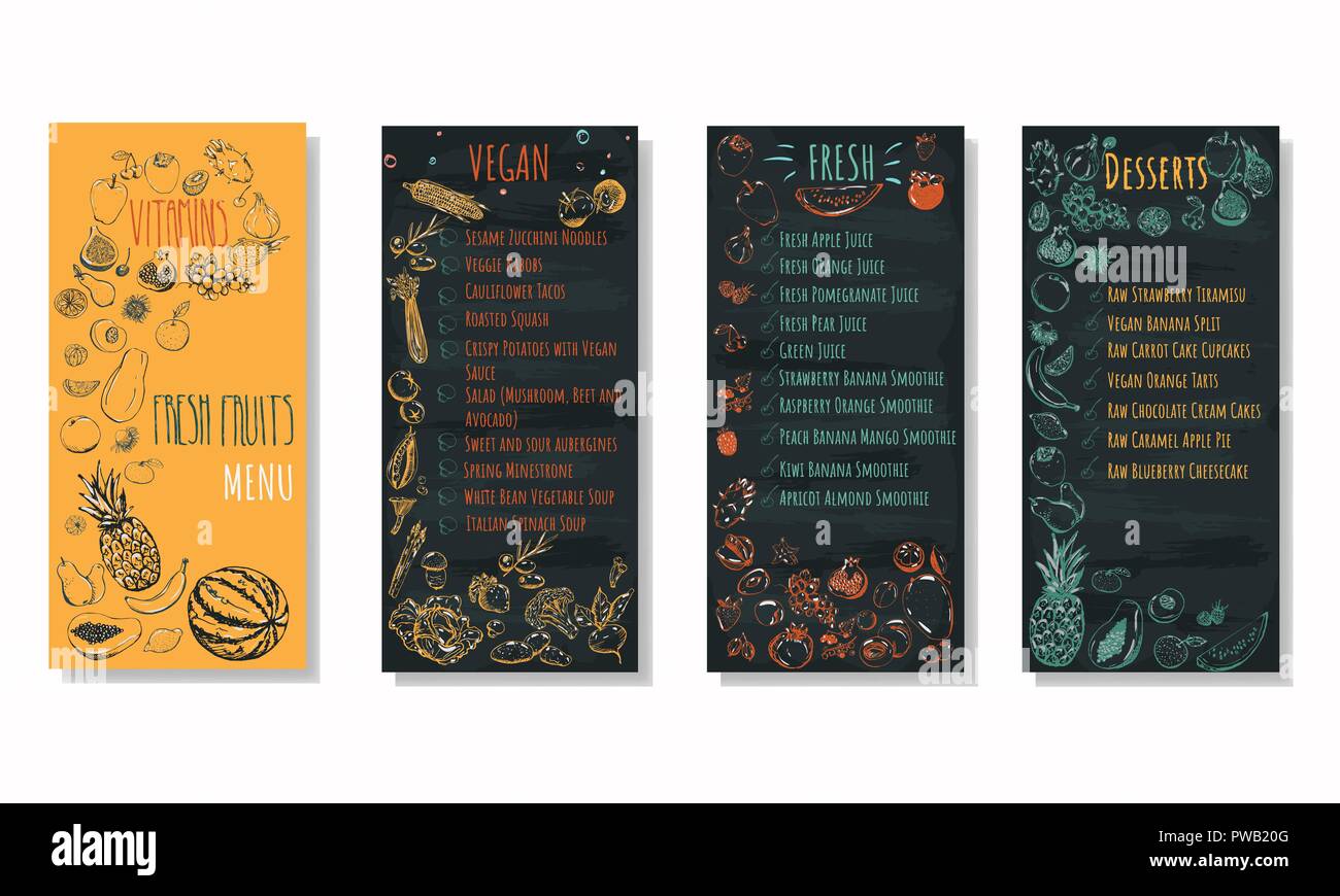 Vegan menu flayers with hand drawn fruits and vegetables collection on ...