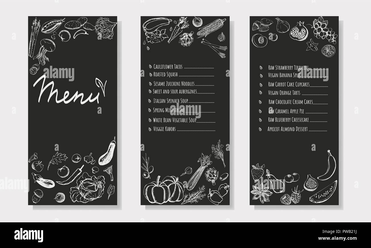 Menu flayers with hand drawn vegetables. Raw vegan menu. Fruits and ...
