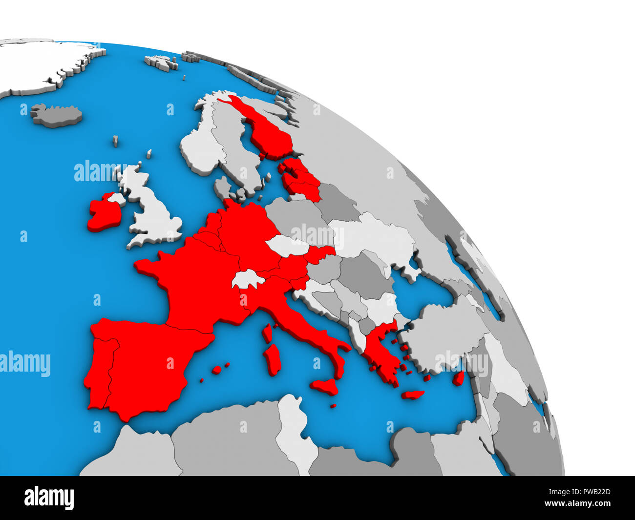 Eurozone member states on simple blue political 3D globe. 3D ...