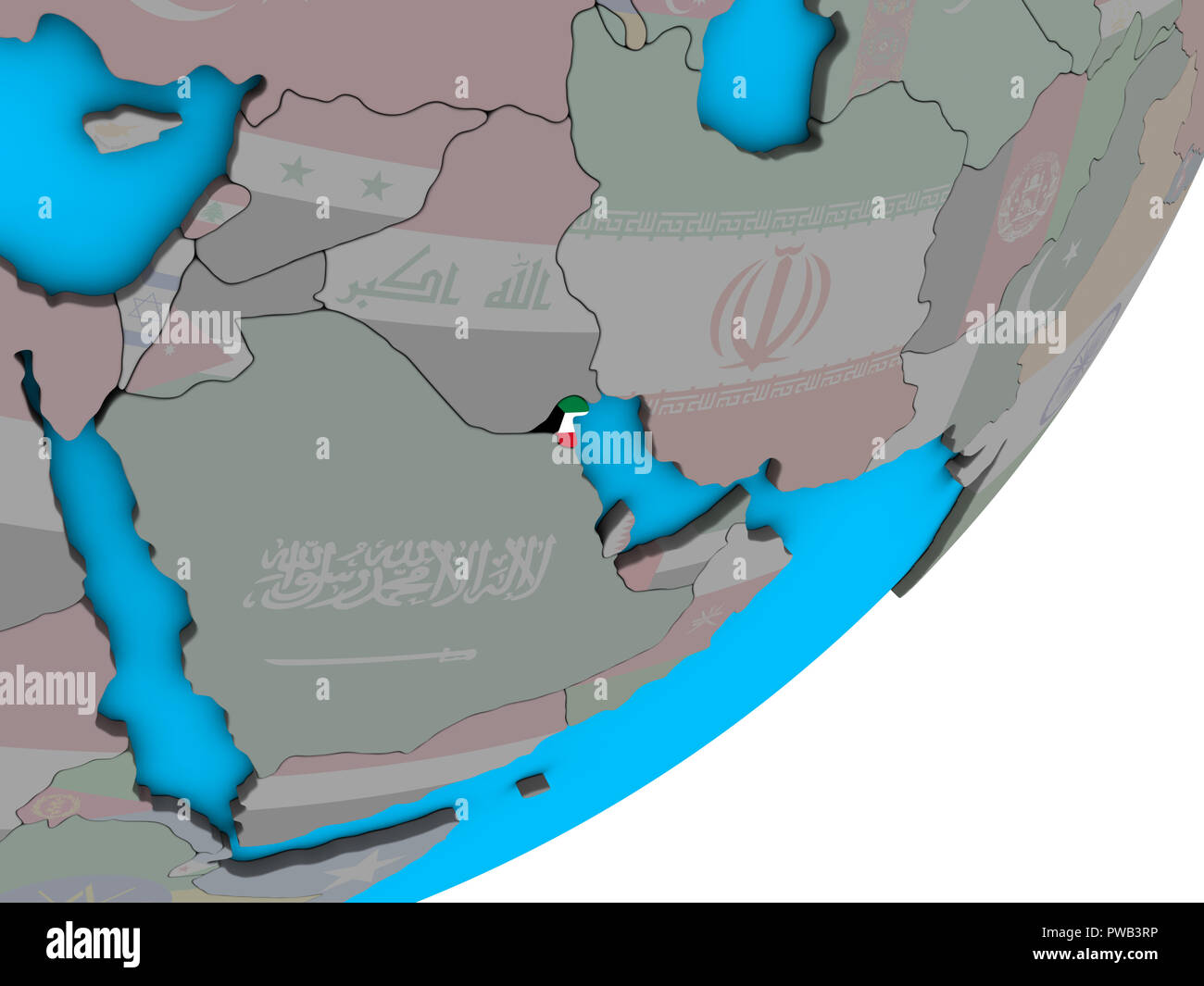 Kuwait with national flag on blue political 3D globe. 3D illustration ...