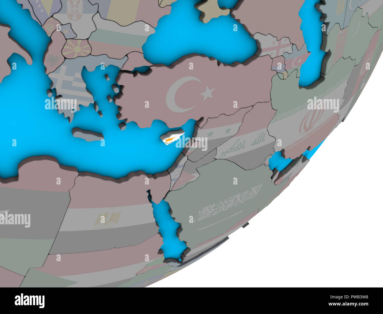 Cyprus with national flag on blue political 3D globe. 3D illustration ...