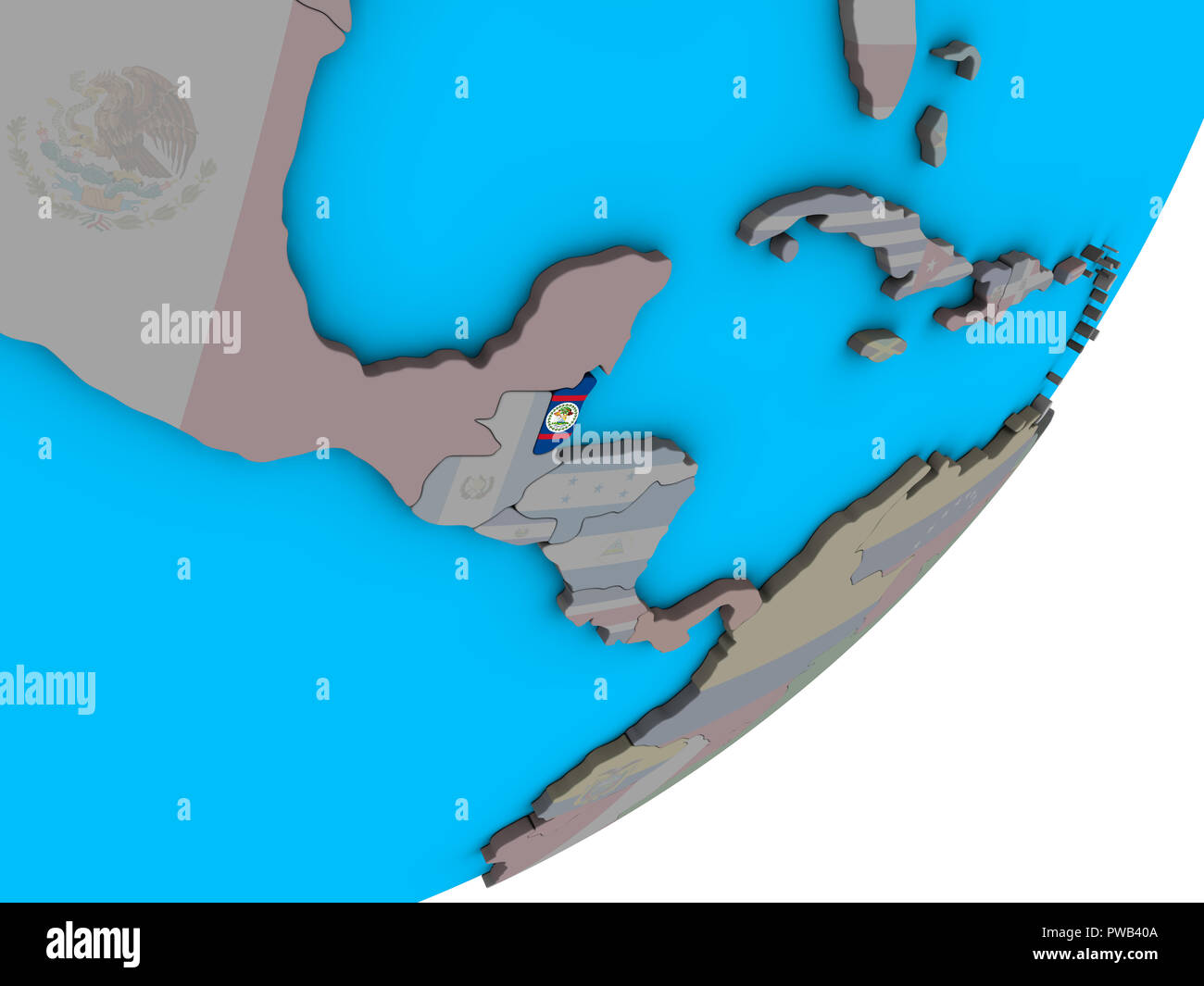 Belize with national flag on blue political 3D globe. 3D illustration ...