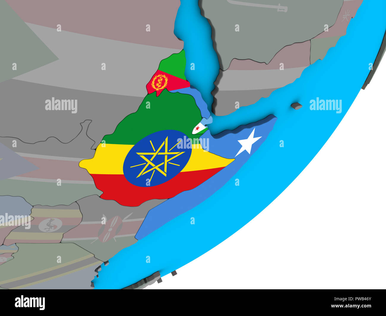 Horn of Africa with national flags on blue political 3D globe. 3D ...