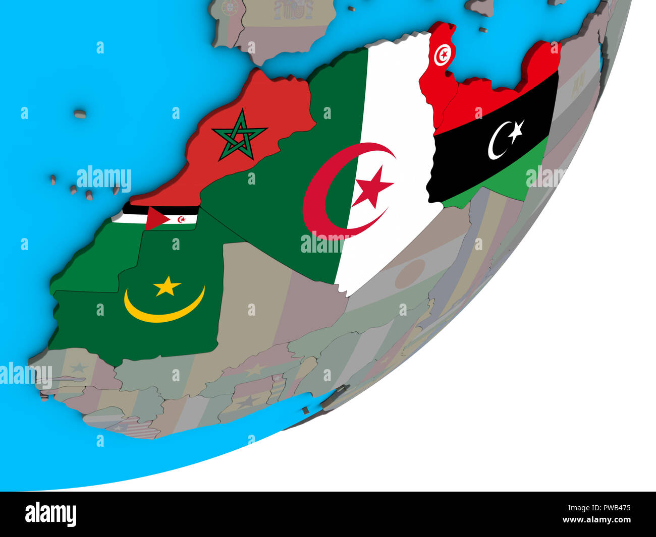 Maghreb region with national flags on blue political 3D globe. 3D ...