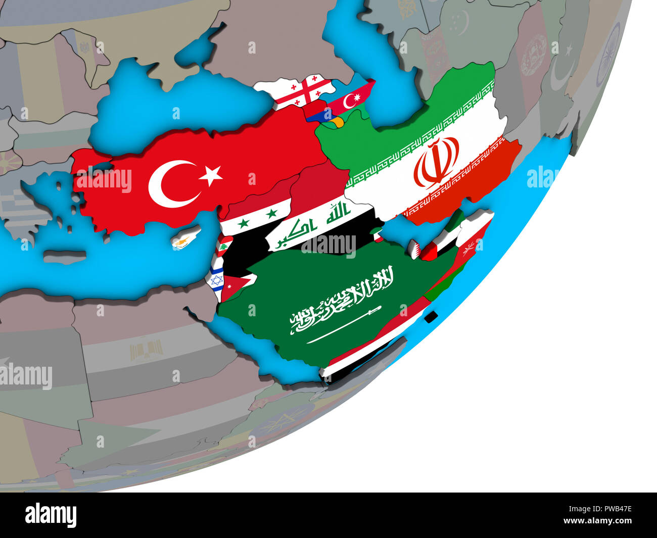 Western Asia with national flags on blue political 3D globe. 3D ...