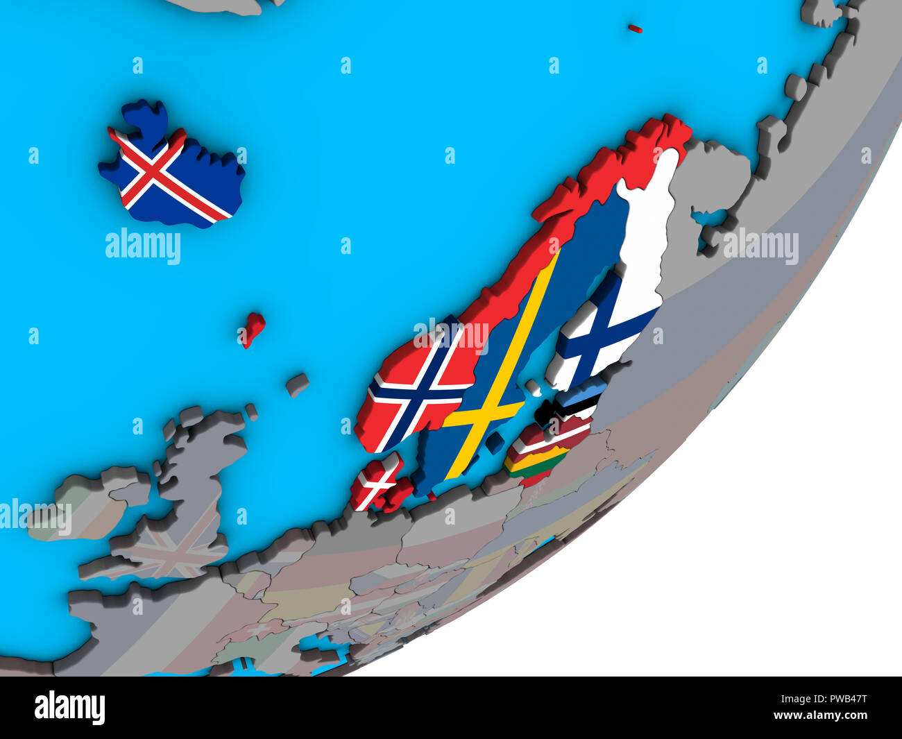 Northern Europe with national flags on blue political 3D globe. 3D ...