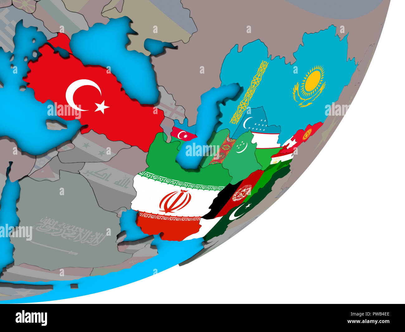 ECO member states with national flags on blue political 3D globe. 3D ...