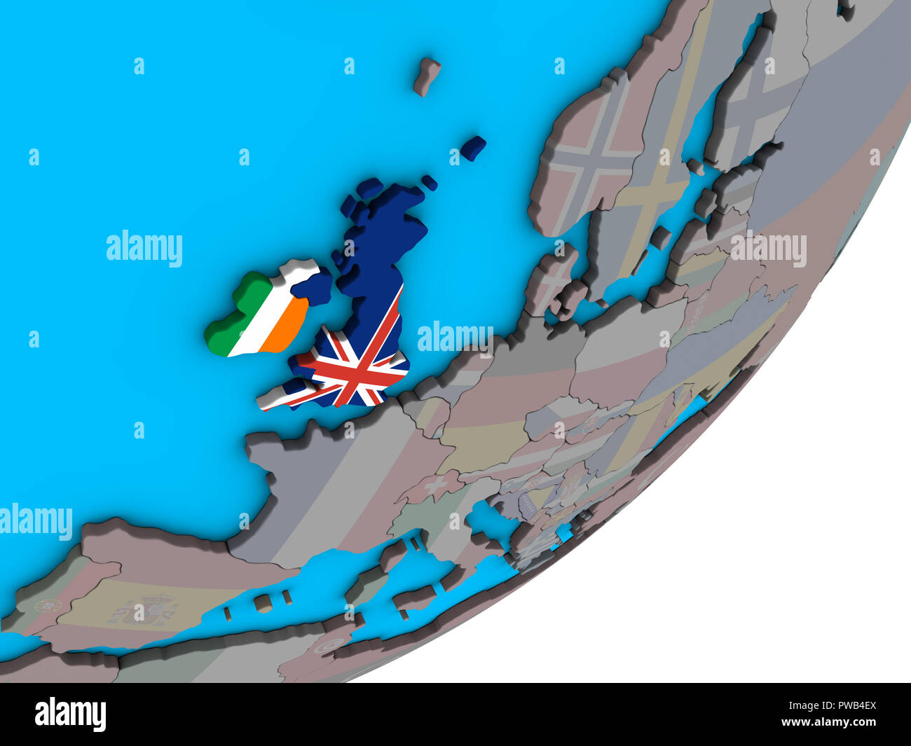 British Isles with national flags on blue political 3D globe. 3D ...