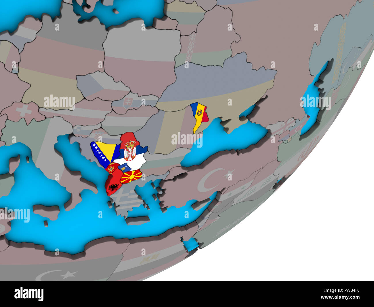 CEFTA countries with national flags on blue political 3D globe. 3D ...