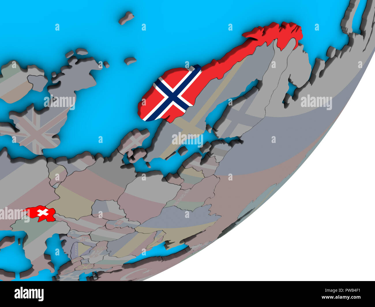 EFTA countries with national flags on blue political 3D globe. 3D ...