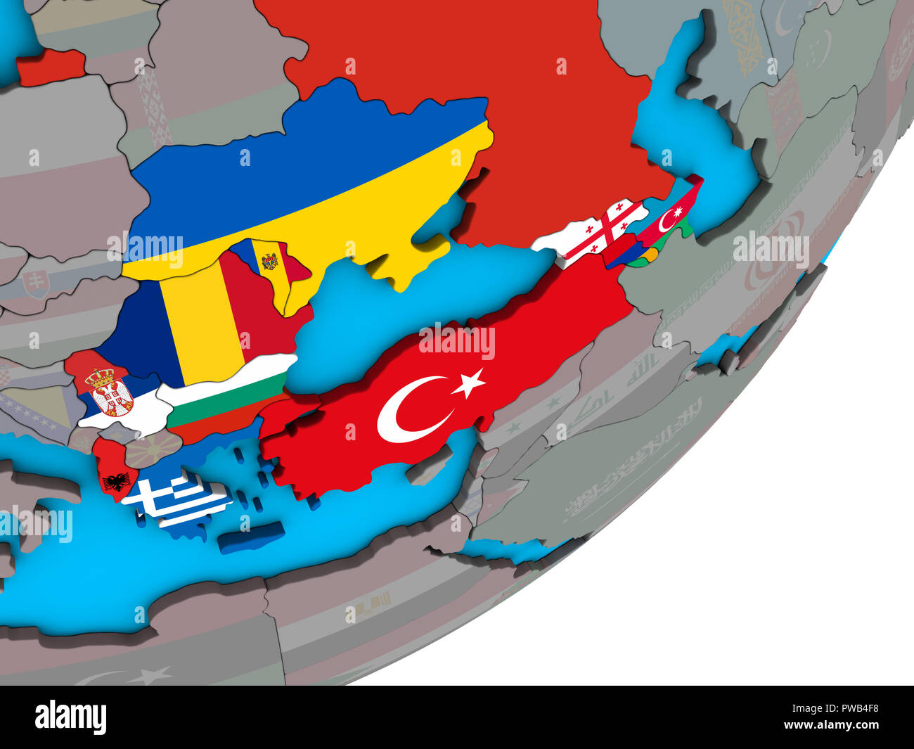 BSEC countries with national flags on blue political 3D globe. 3D ...