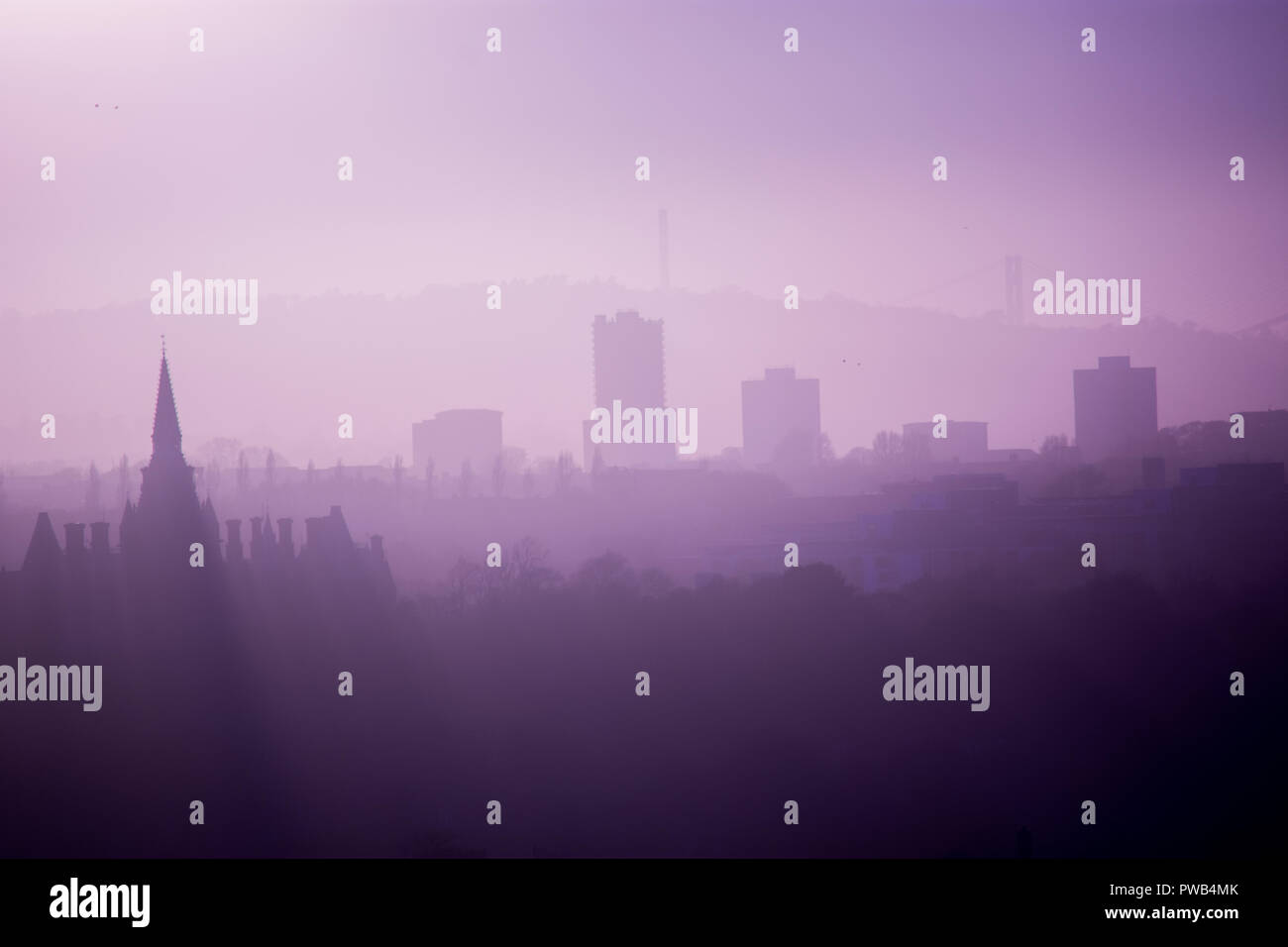 A purple view of a silhouette of a cityscape, good for background Stock ...