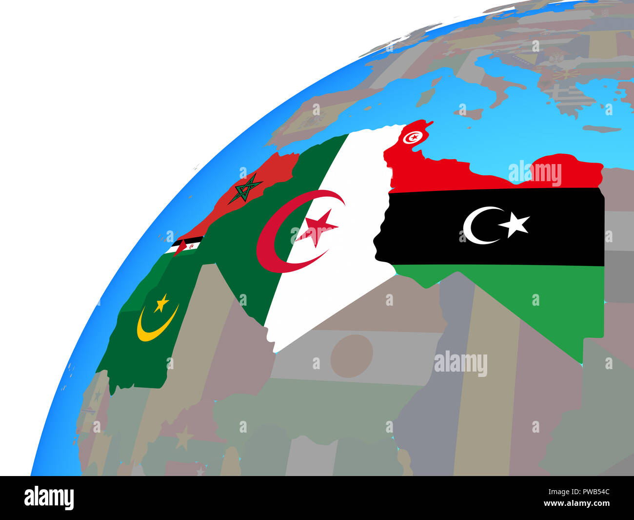 Maghreb region with embedded national flags on globe. 3D illustration ...
