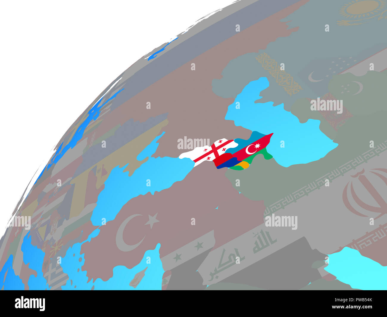 Caucasus region with embedded national flags on globe. 3D illustration ...