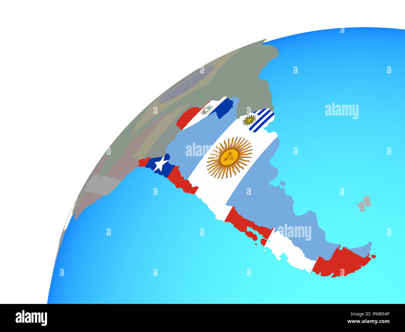 Southern Cone with embedded national flags on globe. 3D illustration ...