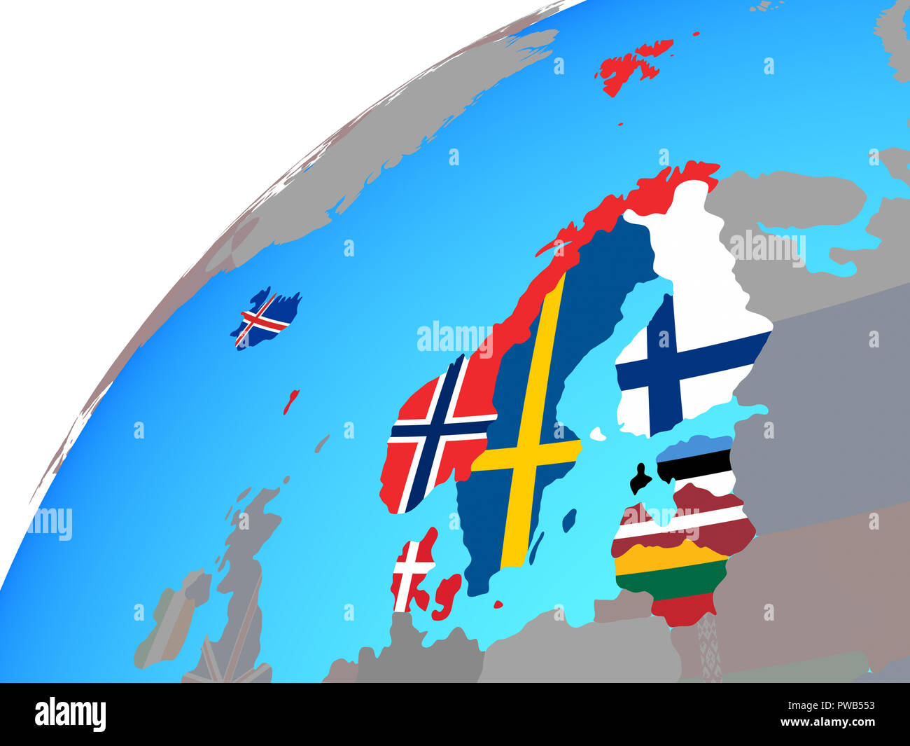 Northern Europe with embedded national flags on globe. 3D illustration ...