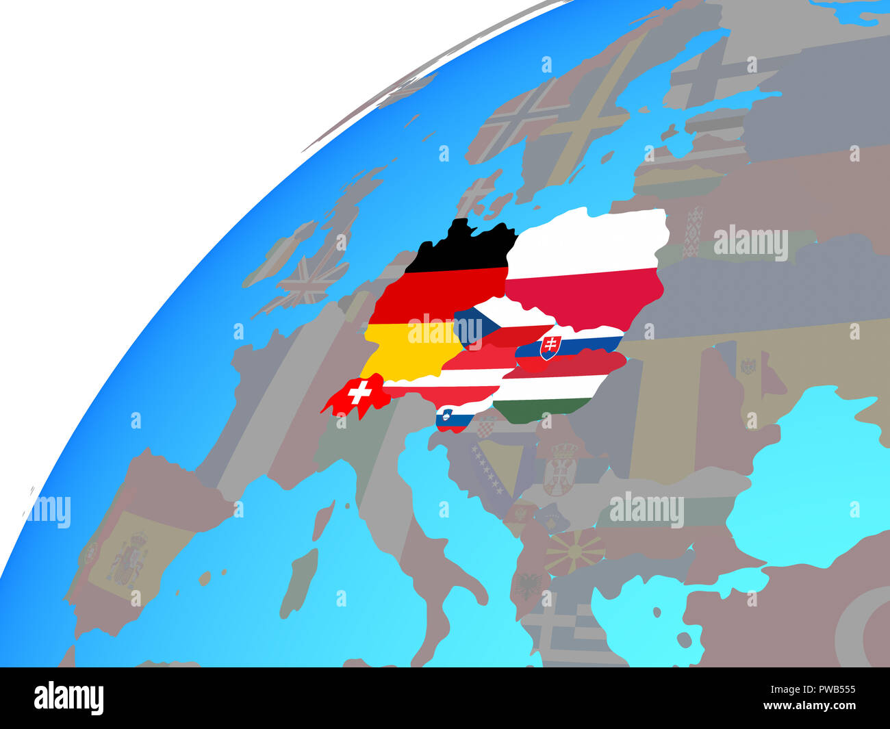 Central Europe with embedded national flags on globe. 3D illustration ...