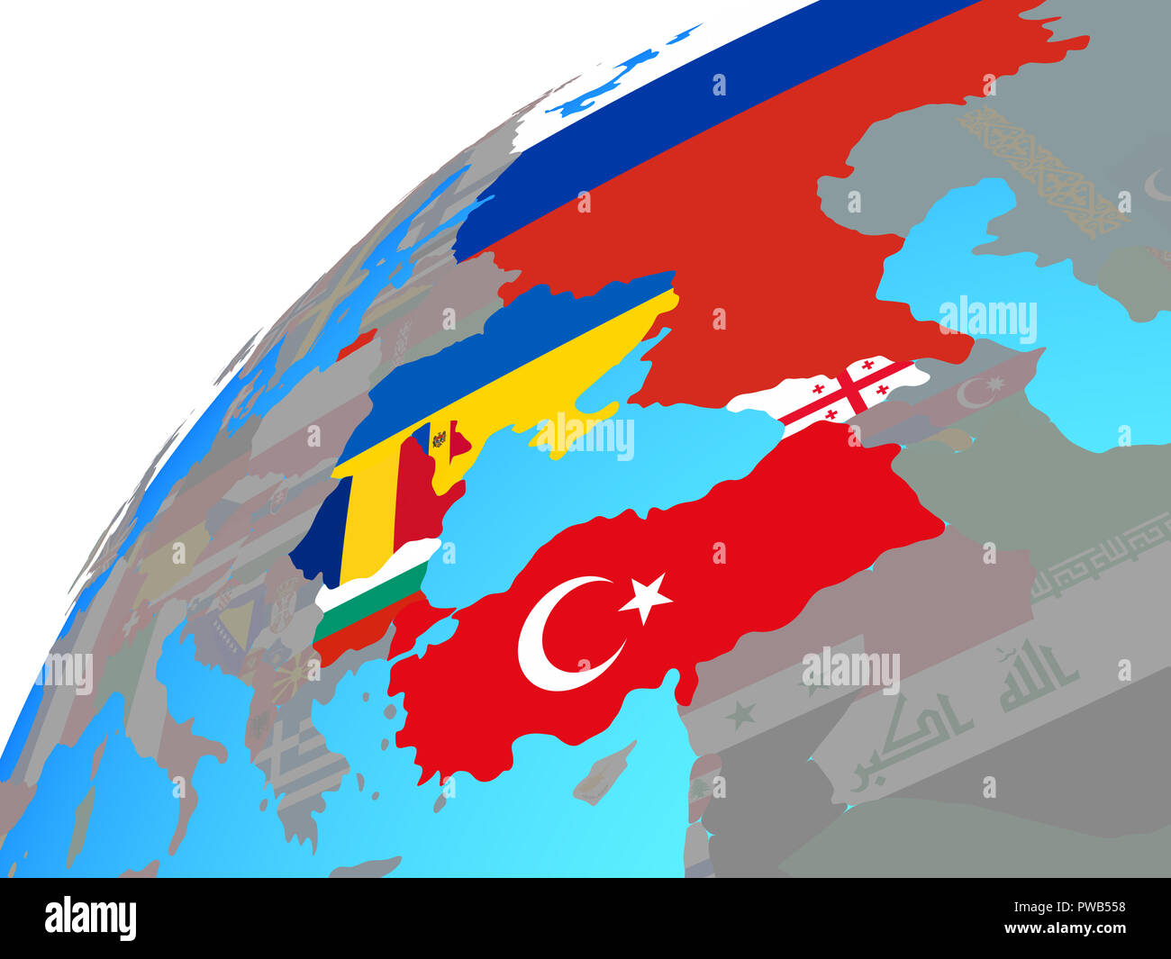 Black Sea Region with embedded national flags on globe. 3D illustration ...