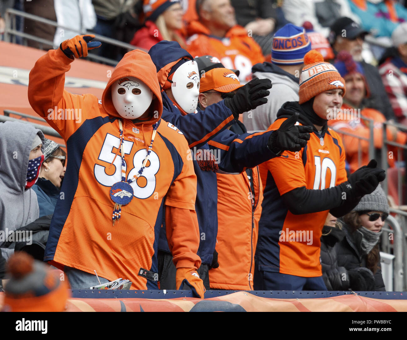 Denver, Colorado, USA. 14th Oct, 2018. Bronco fans show their ...