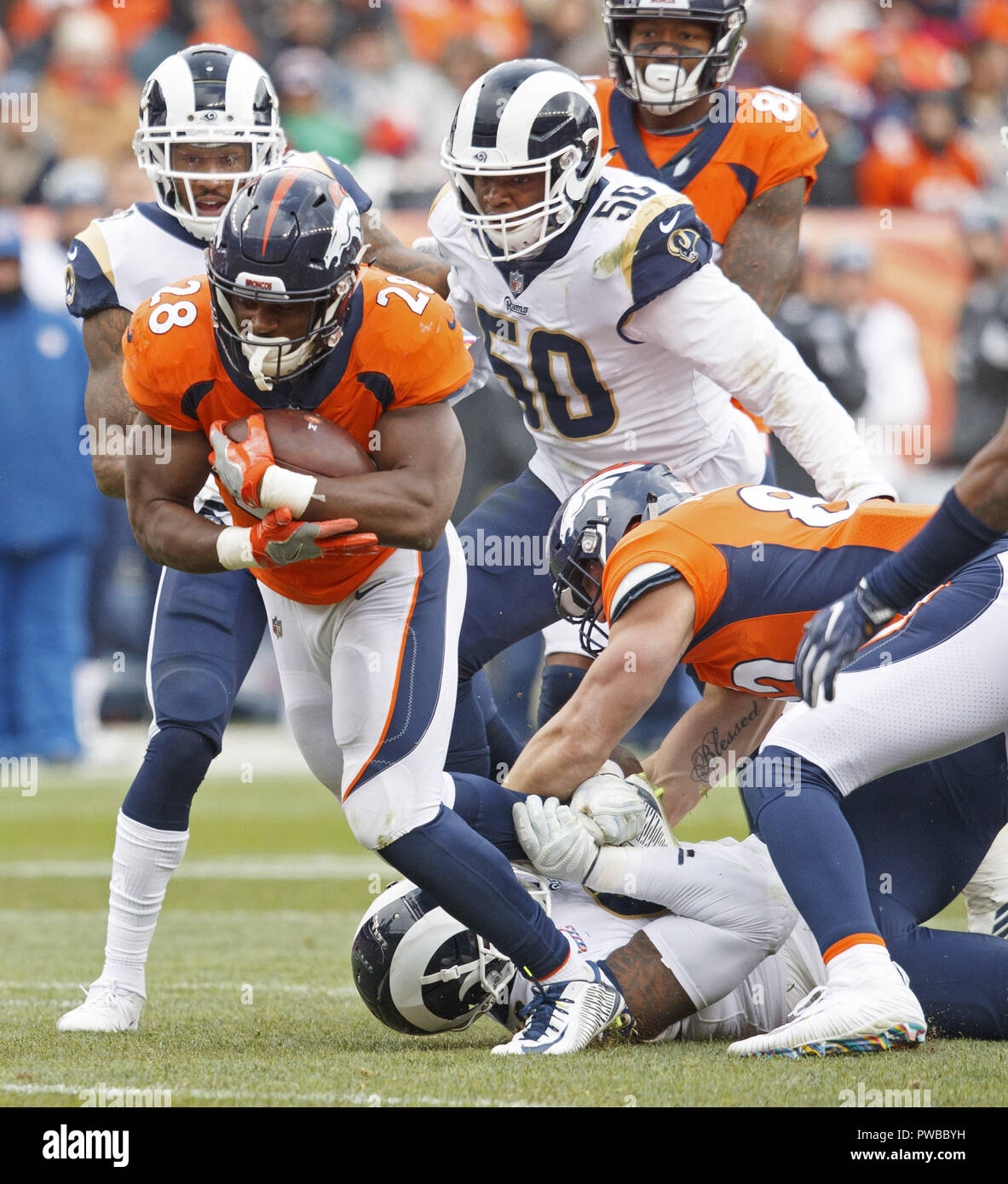 Denver, Colorado, USA. 14th Oct, 2018. Broncos RB ROYCE FREEMAN, left ...
