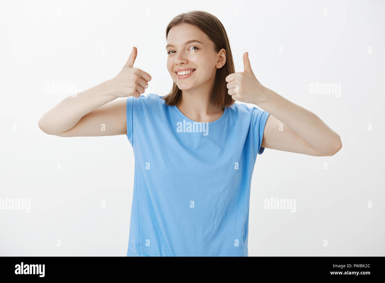 Totally in love with new idea. Happy pleased charming woman with fair ...