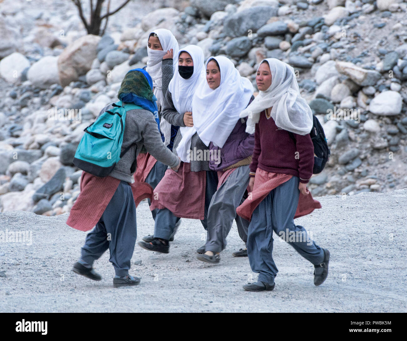 Schoolgirls in the Balti village of Turtuk on the Pakistan-India border ...