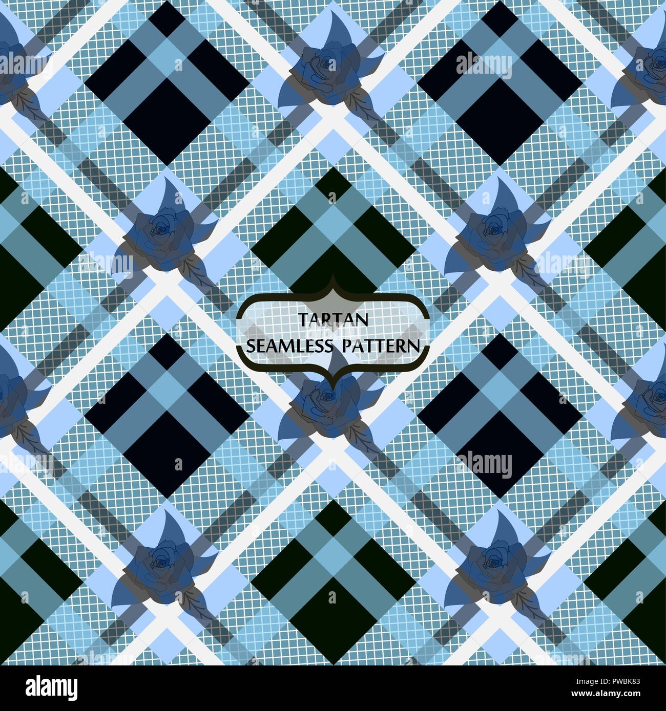 Embroidery pattern flowers and tartan pattern print on blue. eps10 ...