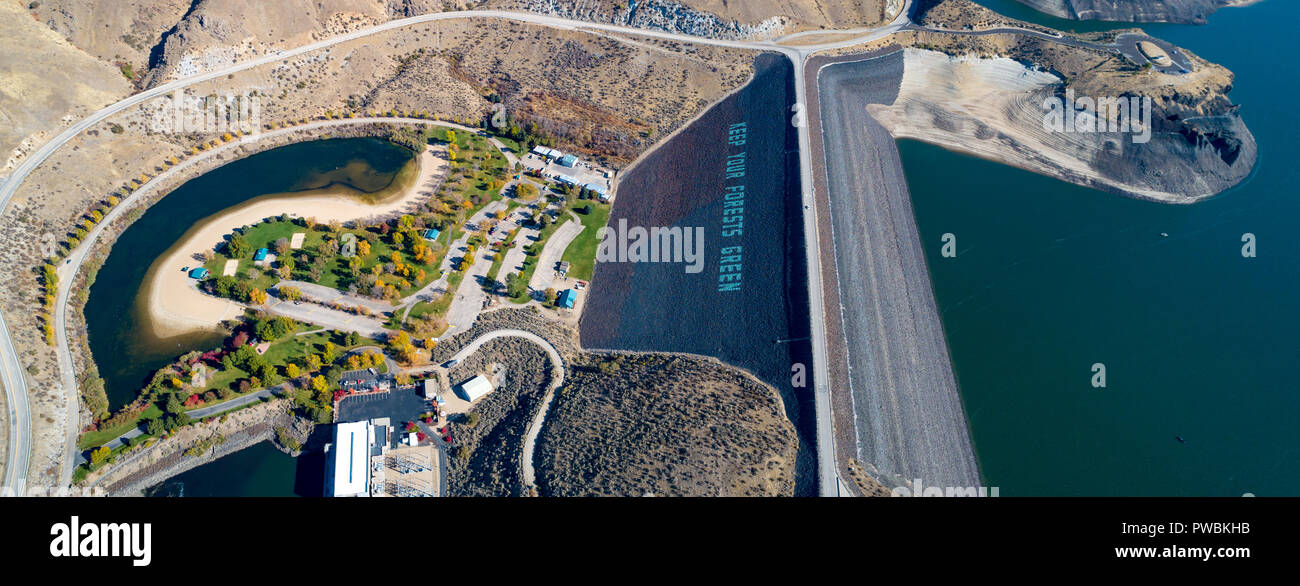 Both sides of a dam visible with an aerial view in the autumn season ...
