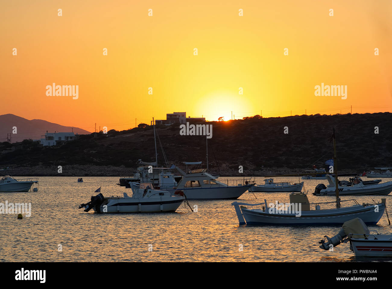 Sunset on the Aliki bay and beach - Cyclades island - Paros - Greece ...