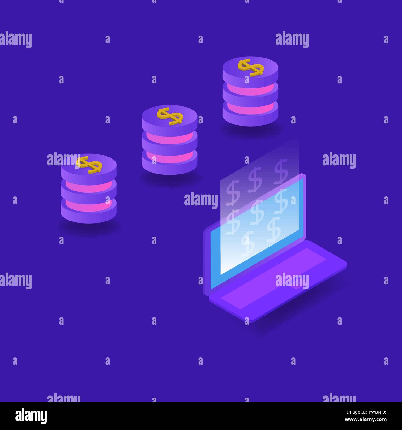 Connecting a computer to the network and making money. Vector isometric ...