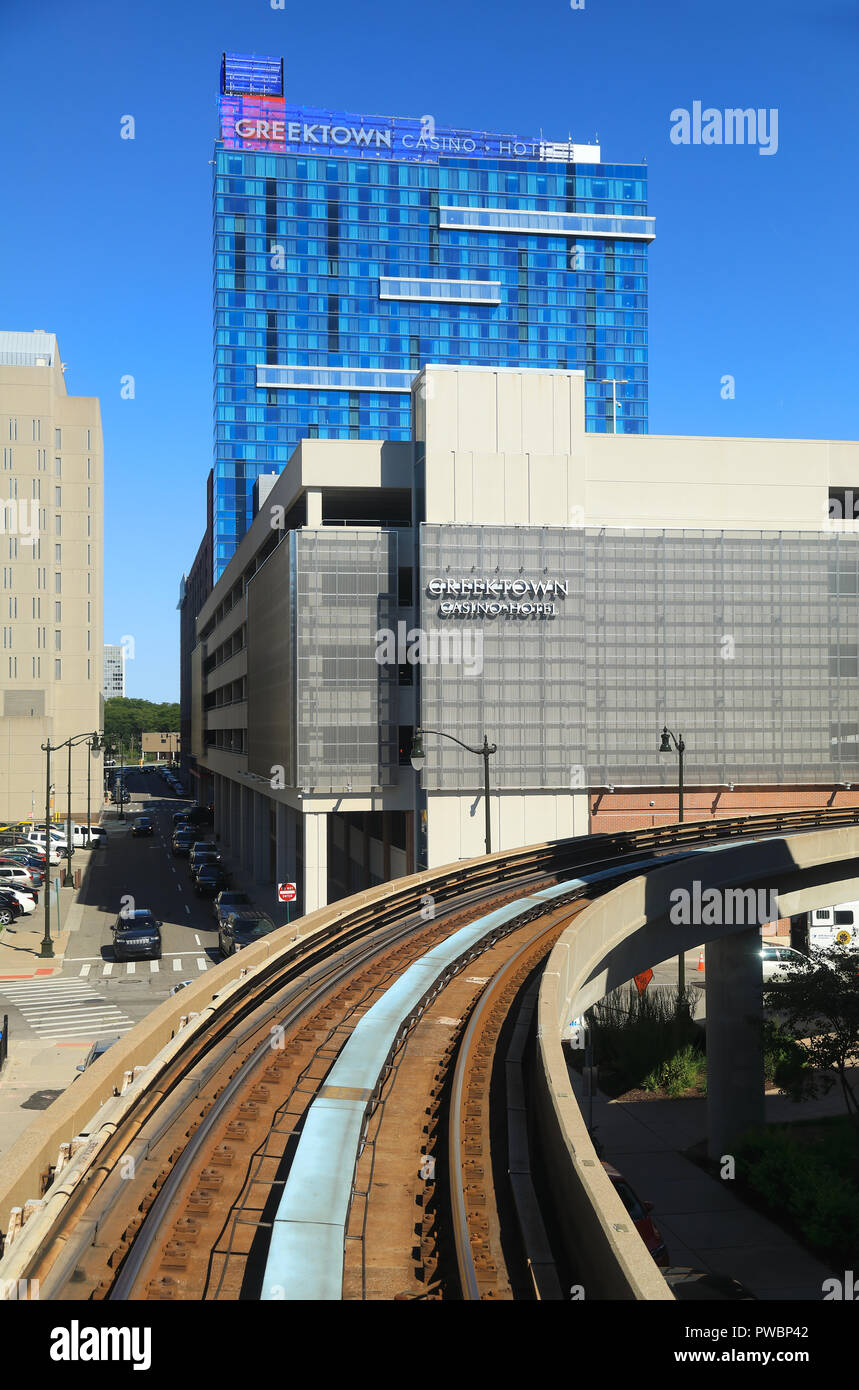 View from the elevated 'People Mover' or 'Detroit's Elevated Train' for ...
