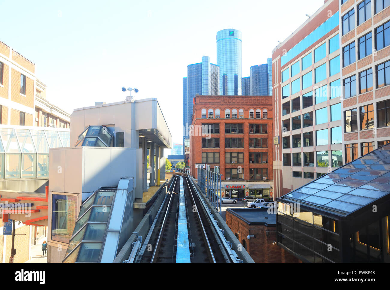 View from the elevated 'People Mover' or 'Detroit's Elevated Train' for ...
