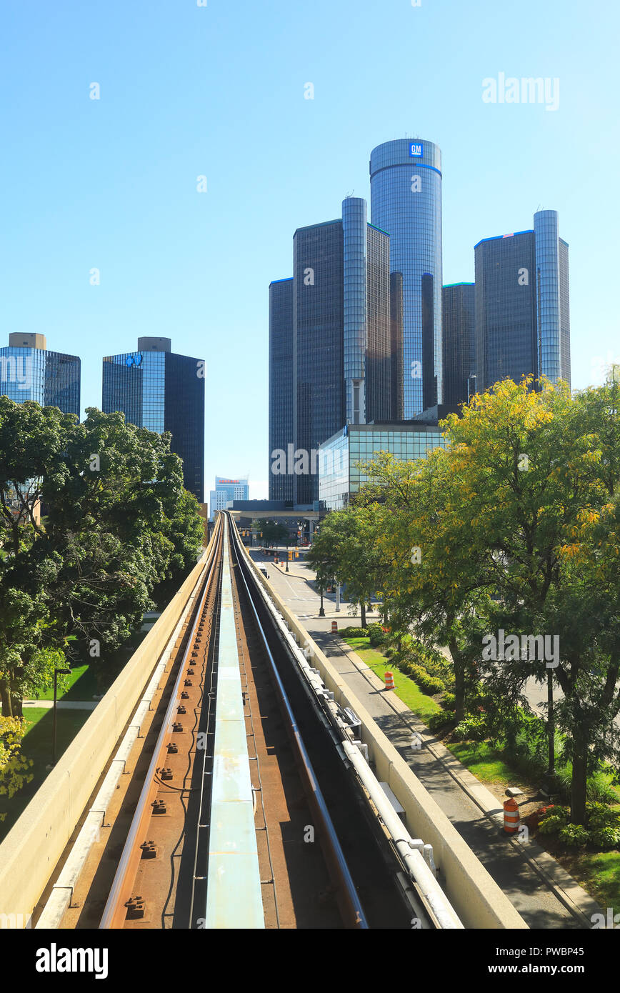 View from the elevated 'People Mover' or 'Detroit's Elevated Train' for ...