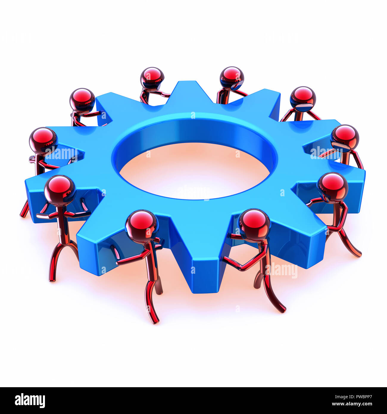 partnership gearwheel, gear wheel team work, red men turning blue ...