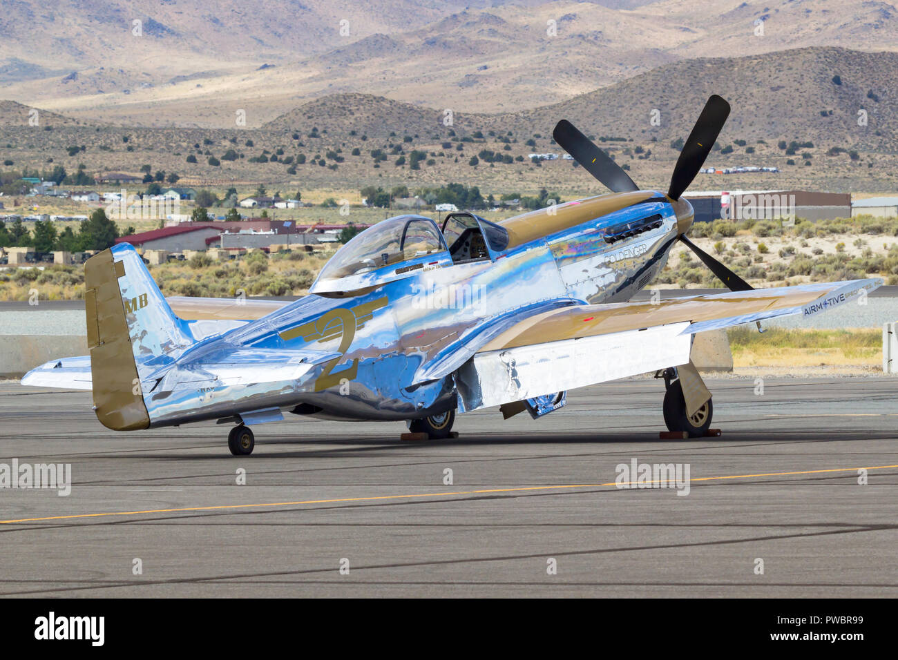P-51 Mustang Air Racer "Goldfinger" sits on the ramp prior to a heat ...